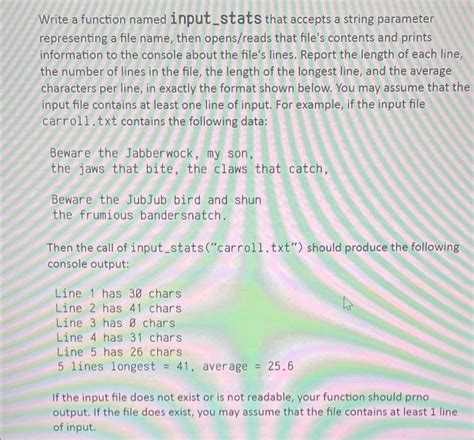 solved write a function named input stats that accepts a