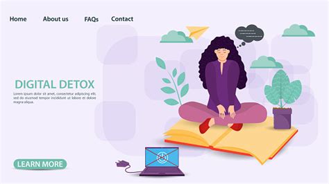 웹 및 모바일 사이트 소녀를위한 디지털 해독 배너 개념으로 노트북 플랫 벡터 일러스트레이션을 끄고 옆에있는 책에 앉아있는 로터스