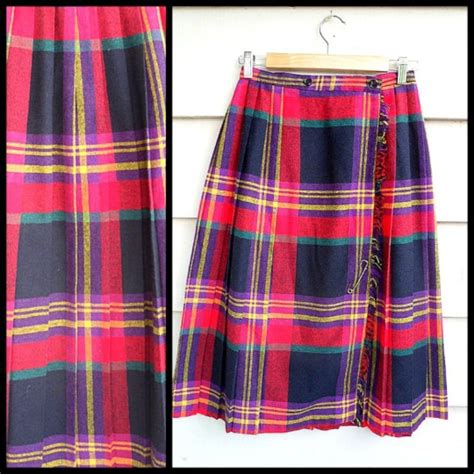 Vintage Pleated Wrap Wool Skirt Xs Red Plaid Gem