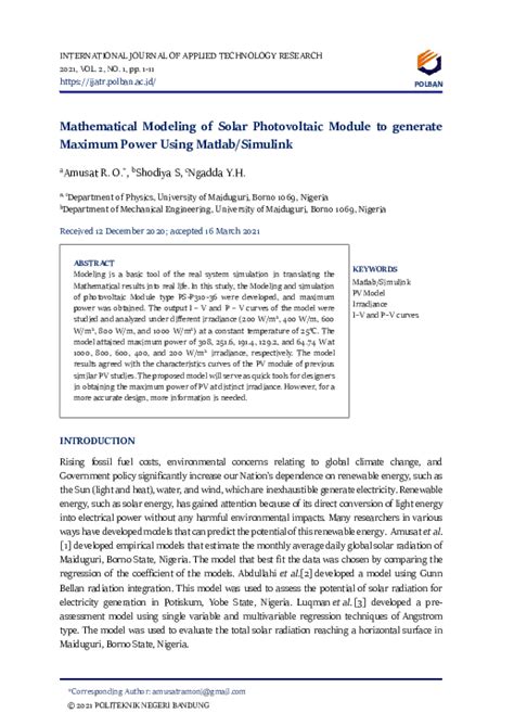 Pdf Mathematical Modeling Of Solar Photovoltaic Module To Generate Maximum Power Using Matlab