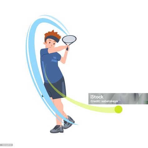 머리띠를 두른 스포츠 유니폼을 입은 청년의 벡터 삽화는 테니스를 치고 라켓으로 공을 치고 테니스 공이 움직이는 방식을 보고 흰색 배경에 고립되어 있다 Championship