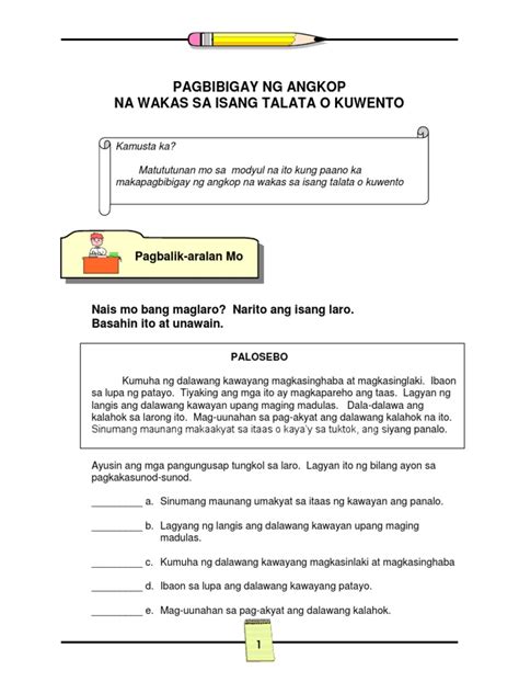 Pagbibigay Ng Angkop Na Wakas Sa Isang Talata O Kuwento Pdf