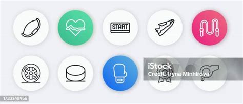 세트 라인 권투 글러브 줄넘기 자동차 바퀴 별이 달린 메달 피트니스 운동화 신발 리본 결승선 휘파람 및 하키 퍽 아이콘 벡터 건강한 생활방식에 대한 스톡 벡터 아트 및 기타