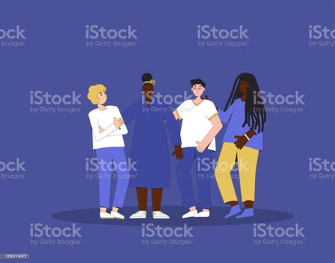 다양한 십대들이 함께 서 있습니다 캐주얼 한 옷을 입고 젊은 여성과 남성 친구 남자와 여자는 서로 껴안고 벡터 선 그림입니다