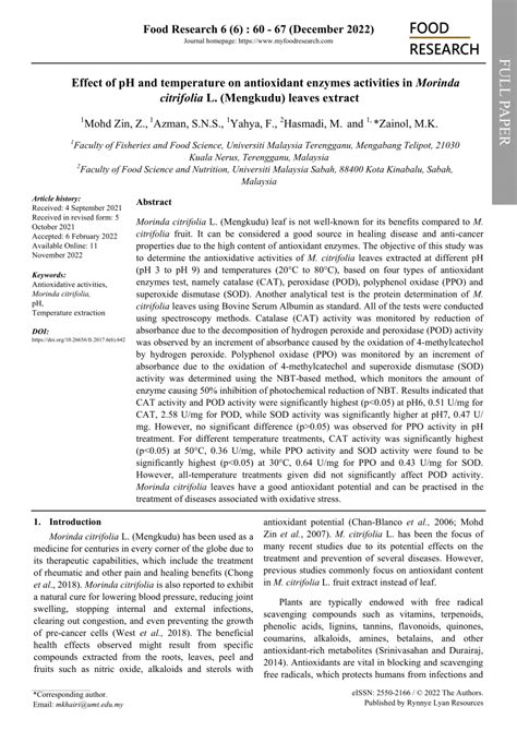 Pdf Effect Of Ph And Temperature On Antioxidant Enzymes Activities In Morinda Citrifolia L