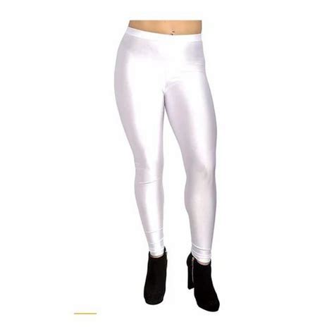 White Mid Waist Satin Shiny Shimmer Legging Casual Wear Skin Fit At