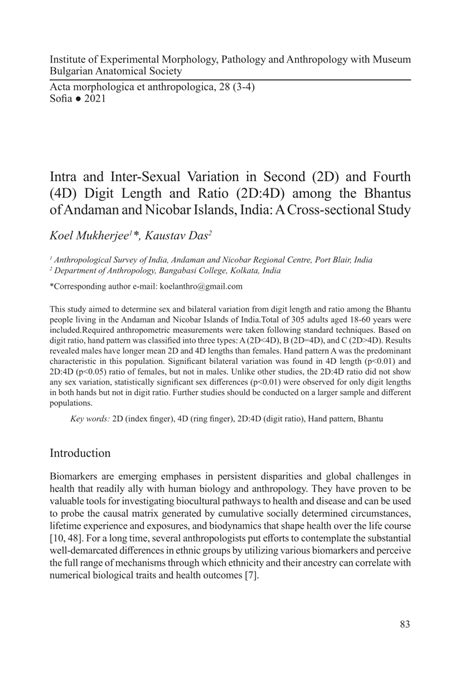 PDF Intra And Inter Sexual Variation In Second D And Fourth D Digit Length And Ratio D