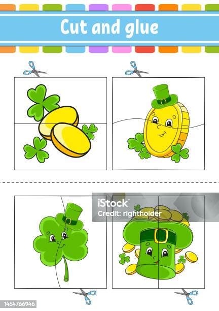 잘라서 놀아요 접착제로 종이 게임 플래시 카드 교육 워크시트 활동 페이지 재미있는 캐릭터 만화 스타일 벡터 그림입니다 0명에 대한 스톡 벡터 아트 및 기타 이미지 Istock