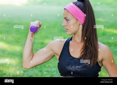 Fitness Slim Woman Training With Dumbbells Attractive Female