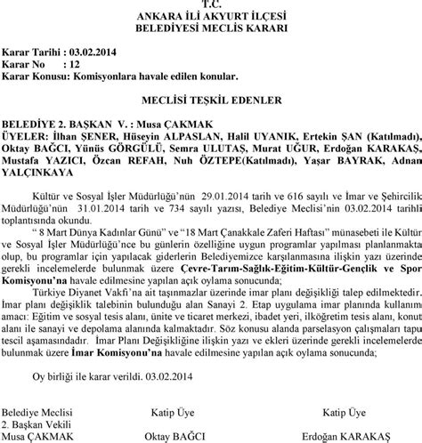 T C ANKARA İLİ AKYURT İLÇESİ BELEDİYESİ MECLİS KARARI MECLİSİ TEŞKİL