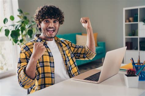 Photo Of Crazy Excited Cheerful Guy It Specialist Hacker With Raised