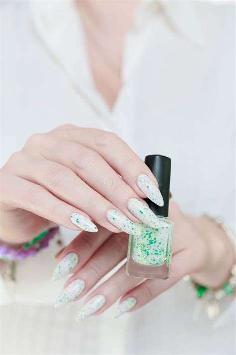 Beautiful Female Hands With Long Nails Light White Manicur Stock Image
