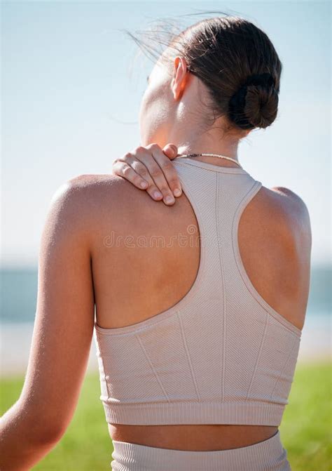 Massage Shoulder Pain And Fitness With Woman At Beach For Yoga