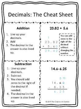 Decimal Operations Cheat Sheet Adding Subtracting Multiplying And
