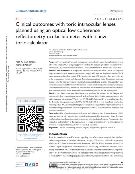 Pdf Clinical Outcomes With Toric Intraocular Lenses Planned Using An Optical Low Coherence