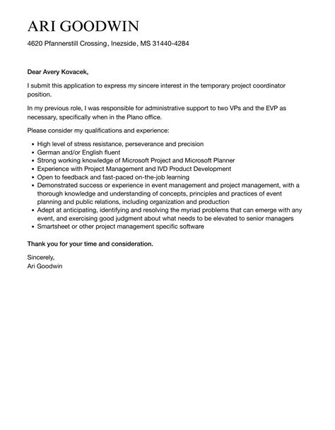 Temporary Project Coordinator Cover Letter Velvet Jobs