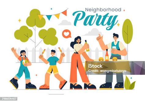 야외 파티 현지 음식 축제 그리고 바베큐 테이블로 휴일을 축하하는 친구와 가족을 특징으로 하는 이웃 이벤트 벡터 일러스트레이션 가정 생활에 대한 스톡 벡터 아트 및 기타