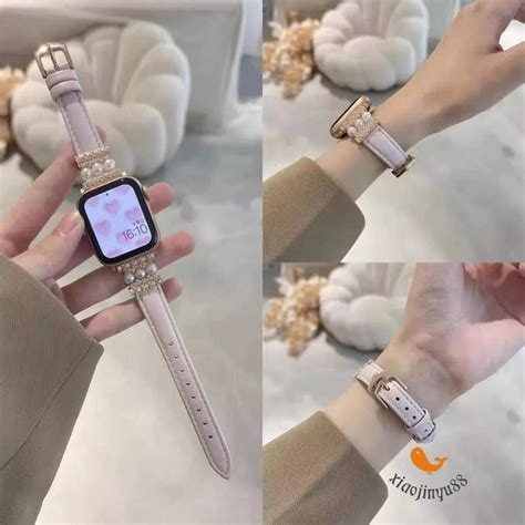 Apple Watch 10 9手鍊錶帶 鑲鑽珍珠皮錶帶 41mm 46mm 女士錶帶 7代 8代 設計款 蝦皮購物