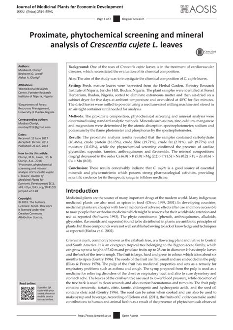 Pdf Proximate Phytochemical Screening And Mineral Analysis Of