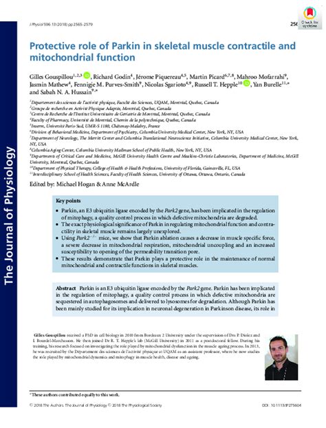 Pdf Protective Role Of Parkin In Skeletal Muscle Contractile And Mitochondrial Function