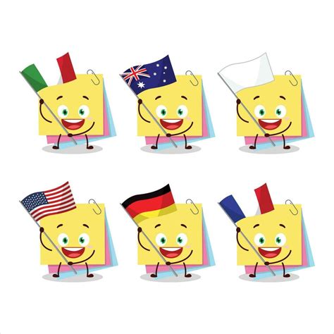 Sticky Notes Paper Cartoon Character Bring The Flags Of Various