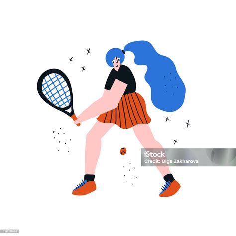 젊은 테니스 소녀 플랫 핸드 그린 일러스트 십대는 양손 백핸드 만화 캐릭터를 치는 테니스를 치는 여성 운동 선수 스포츠 판정 개념 티셔츠 프린트 디자인 2명에 대한 스톡