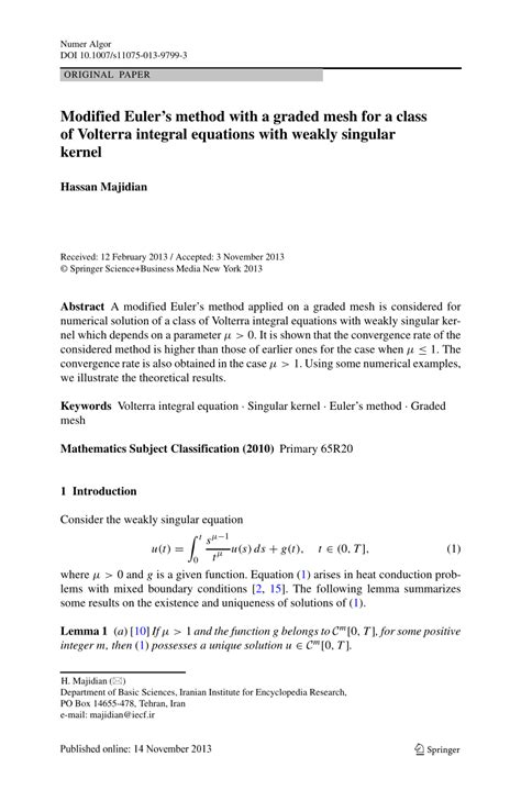 Pdf Modified Euler Method With A Graded Mesh For A Class Of Volterra Integral Equations With