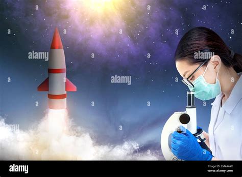 Asian Female Scientist Using A Microscope With A Flying Rocket In Space National Science Day