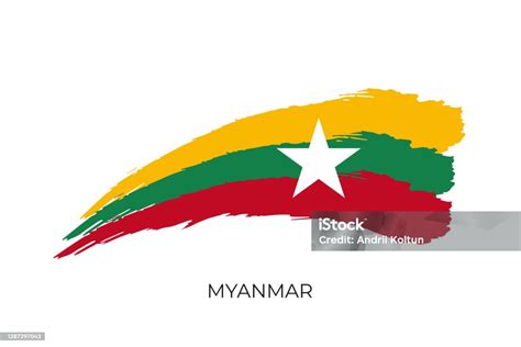 手描きのインクブラシストローク緑黄色赤国色ミャンマーの国旗白い背景にミャンマー愛国的なシンボル休日のデザインポスターバナーチラシコンセプト