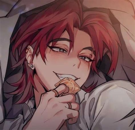 An Anime Character With Red Hair Is Eating Something In Front Of His