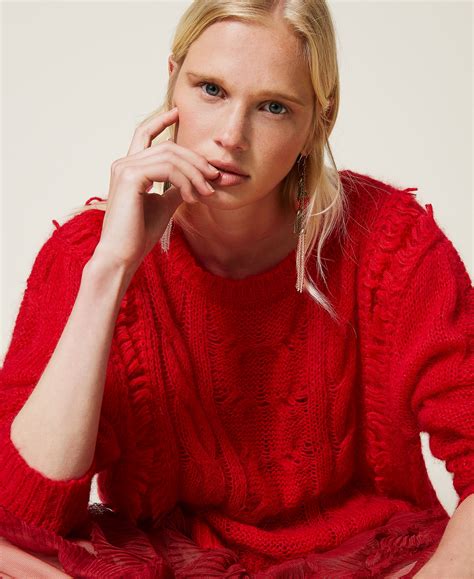 Mohair Blend Maxi Jumper With Fringes Woman Red Twinset Milano