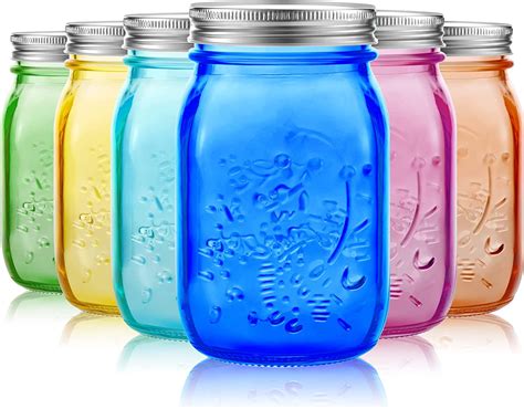 Tessco 6 Pcs 16 Oz Colored Mason Jars With Lids Glass Container Regular