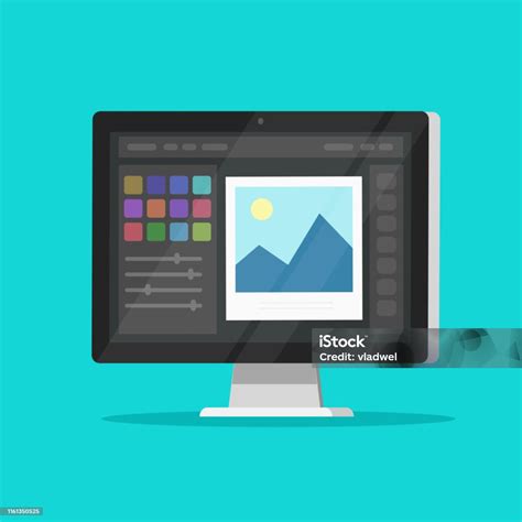 데스크톱 컴퓨터 모니터 벡터 아이콘 평면 만화 Pc 화면 디자인 또는 이미지 편집 소프트웨어 또는 프로그램 기호 격리 된 이미지에 사진 또는 그래픽 편집기 사진 편집가에
