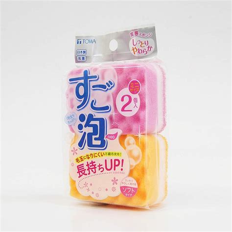 東和産業 キッチンスポンジ すご泡neo ミニソフトスポンジ 2個入 日本製 ピンク＆オレンジ 約6×35×85cm 13752