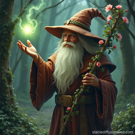 Wizard Casting Spell With Staff Made Of Flowering Vines Stable