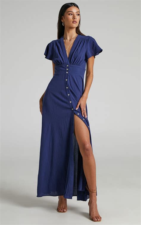 Empire Waist Button Down Maxi Dress In Navy Designer Fashion Romantic Sophisticated Details