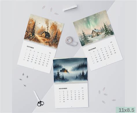 Nordic Landscape 2026 Wall Calendar Watercolor Winter Cabin Art Etsy
