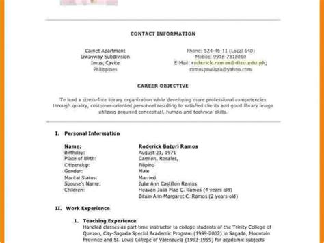 Example Of Resume For Job Application In Philippines 5 Cv Sample Philippines Theorynpractice