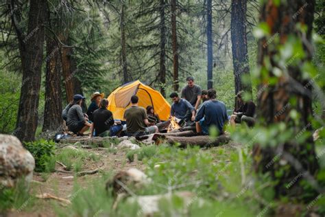 A Diverse Group Of Friends Camping In A Forest Setting Up Tents And