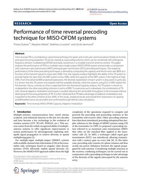 Pdf Performance Of Time Reversal Precoding Technique For Miso Ofdm