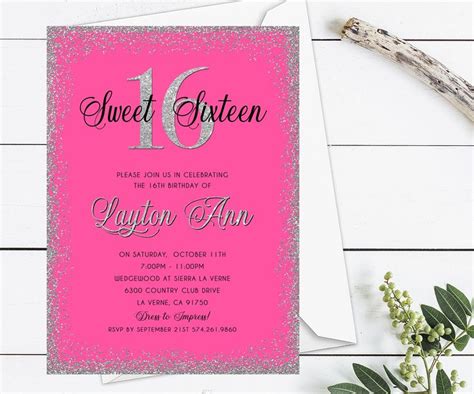 Hot Pink Sweet 16 Invitation Glitter Birthday Digital Download
