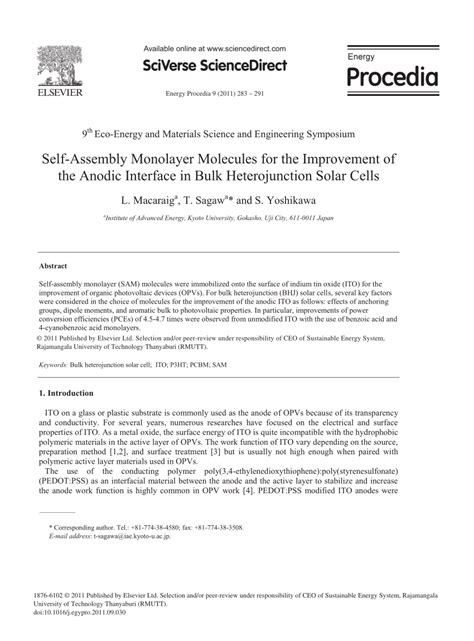 Pdf Self Assembly Monolayer Molecules For The Improvement Of The
