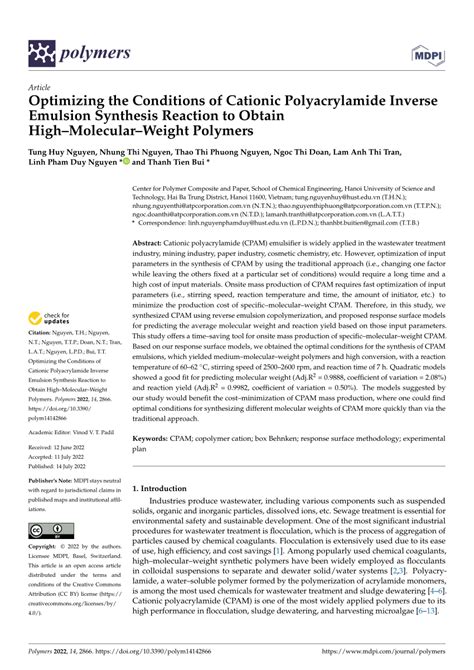 Pdf Optimizing The Conditions Of Cationic Polyacrylamide Inverse