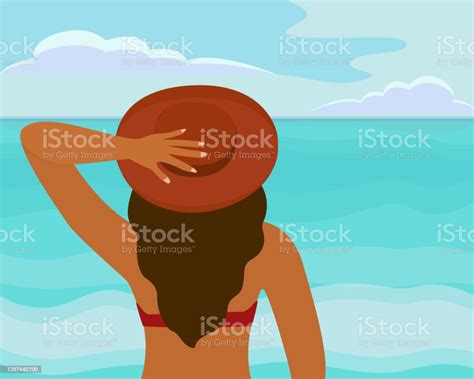 바다의 배경에 해변 모자를 쓴 여자 여자의 밝은 벡터 그림 바다 옆에서 해변에서 휴식을 취해보십시오 여름 휴식에 대한 스톡 벡터