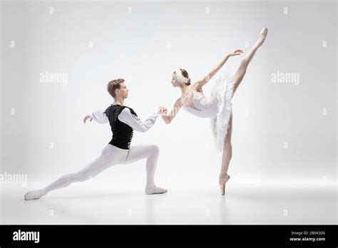 Balance Graceful Classic Ballet Dancers Dancing Isolated On White