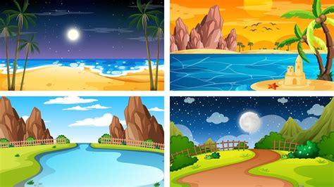 Cuatro Escenas Diferentes De Parque Natural Y Bosque 2706893 Vector En
