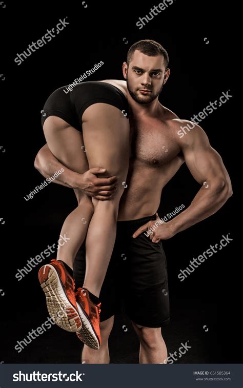 Shirtless Sportive Man Holding Woman On Foto Stok 651585364 Shutterstock