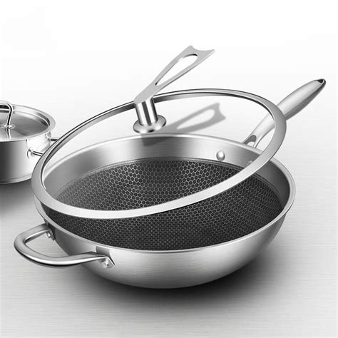 Rustfritt Stål Wok Ikke Pinne Panne Ingen Oljerøyk Grandado
