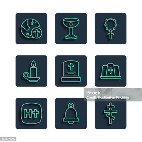 세트 라인 기독교 십자가 교회 종 묵주 구슬 종교 묘비와 무덤 촛대에 불타는 촛불 지구본과 교황 모자 아이콘 벡터 교회에 대한 스톡 벡터 아트 및 기타 이미지 Istock