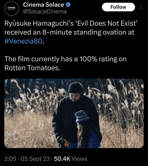 Evil Does Not Exist Received An 8 Minute Standing Ovation Debuts With 100 On Rt Roscarrace